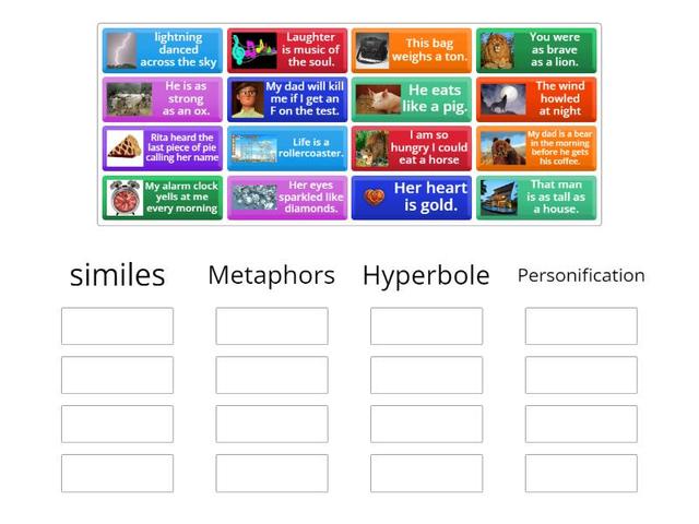 SIMILES METAPHORS PERSONIFICATION HYPERBOLE | Quizalize